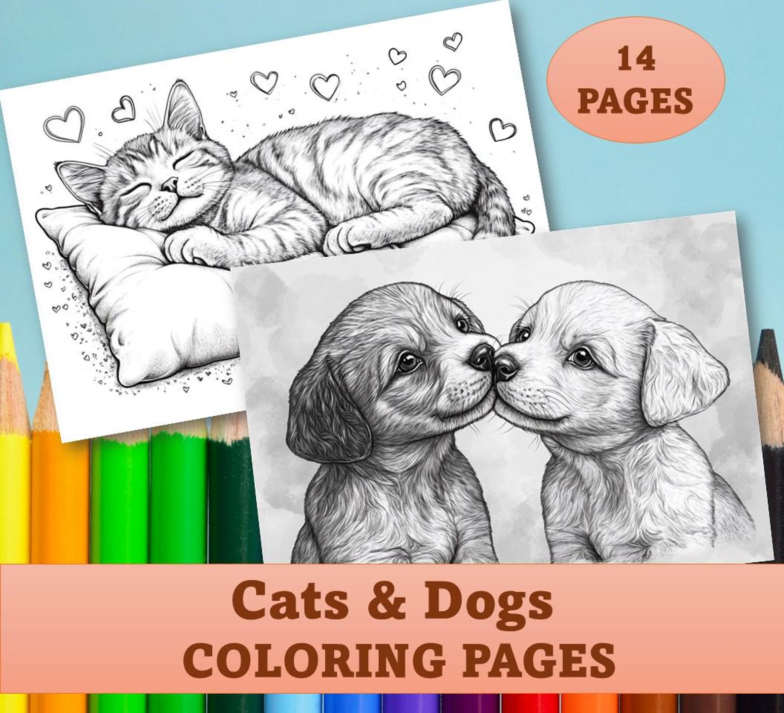 Dogs and Cats Coloring Pages, Grayscale Coloring Book Digital, Animals ...