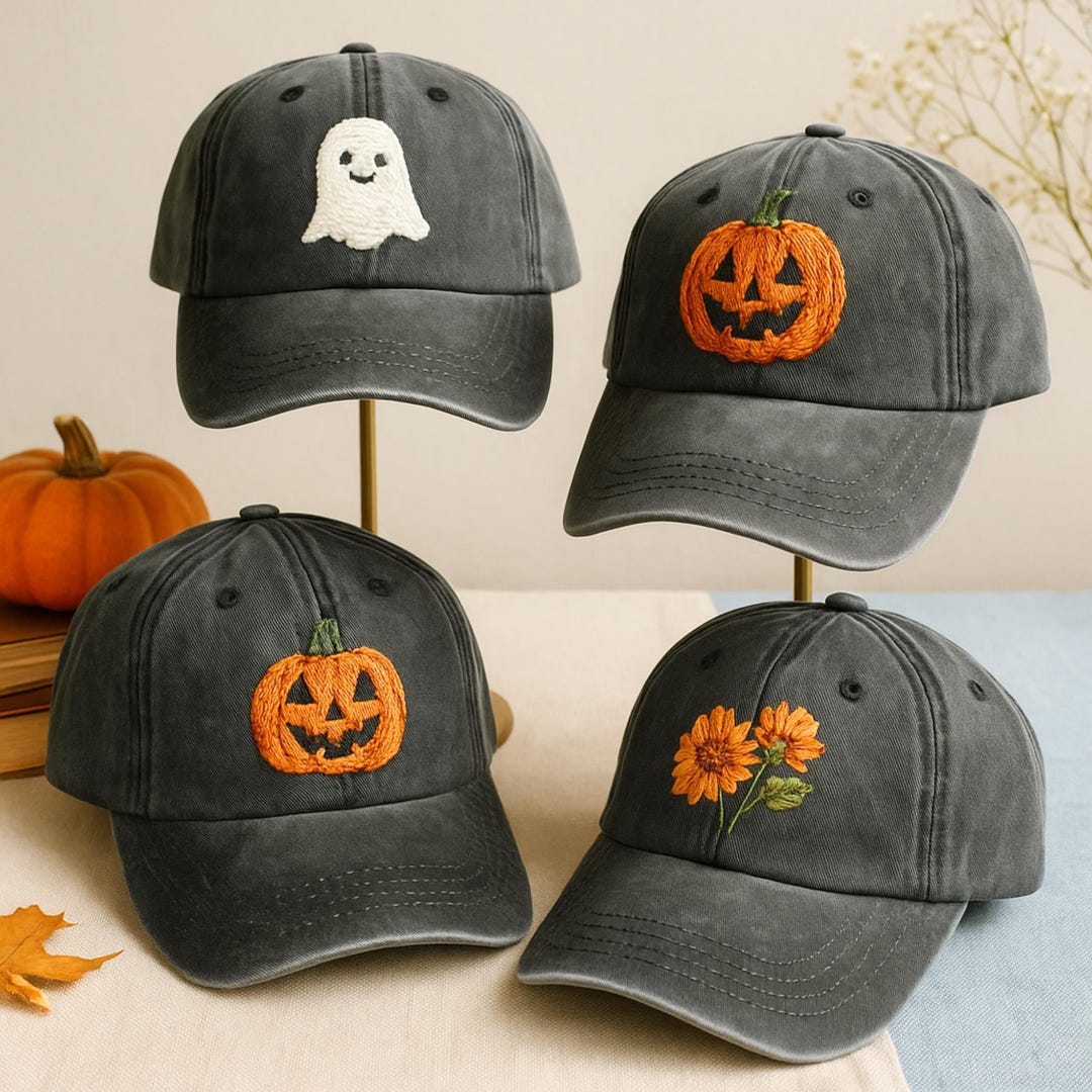 Hand Embroidered Halloween Baseball Cap, Pumpkin Embroidered Hat, 100% ...
