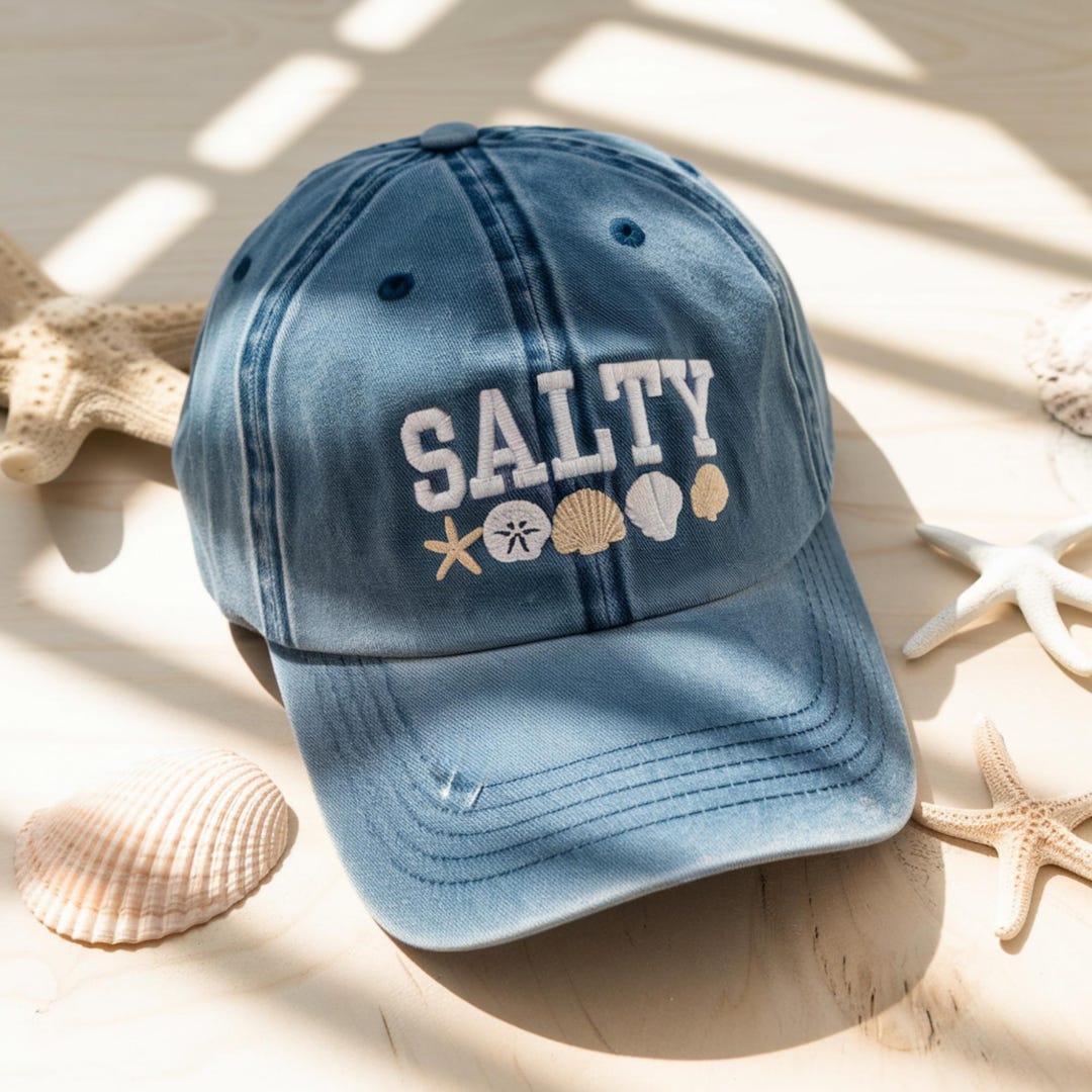 SALTY Embroidered Beach Hat, Coastal Dad Cap With Shell Icons, Starfish ...