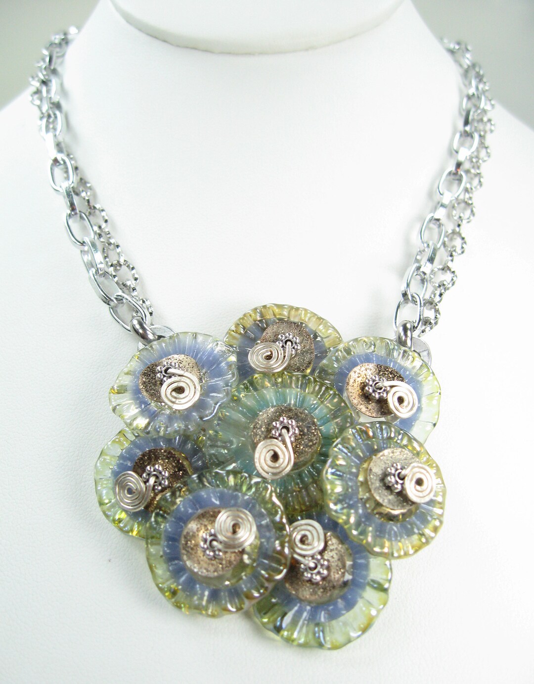 Boro Glass Ruffle Beads and Silver Disk Necklace With Earrings ...