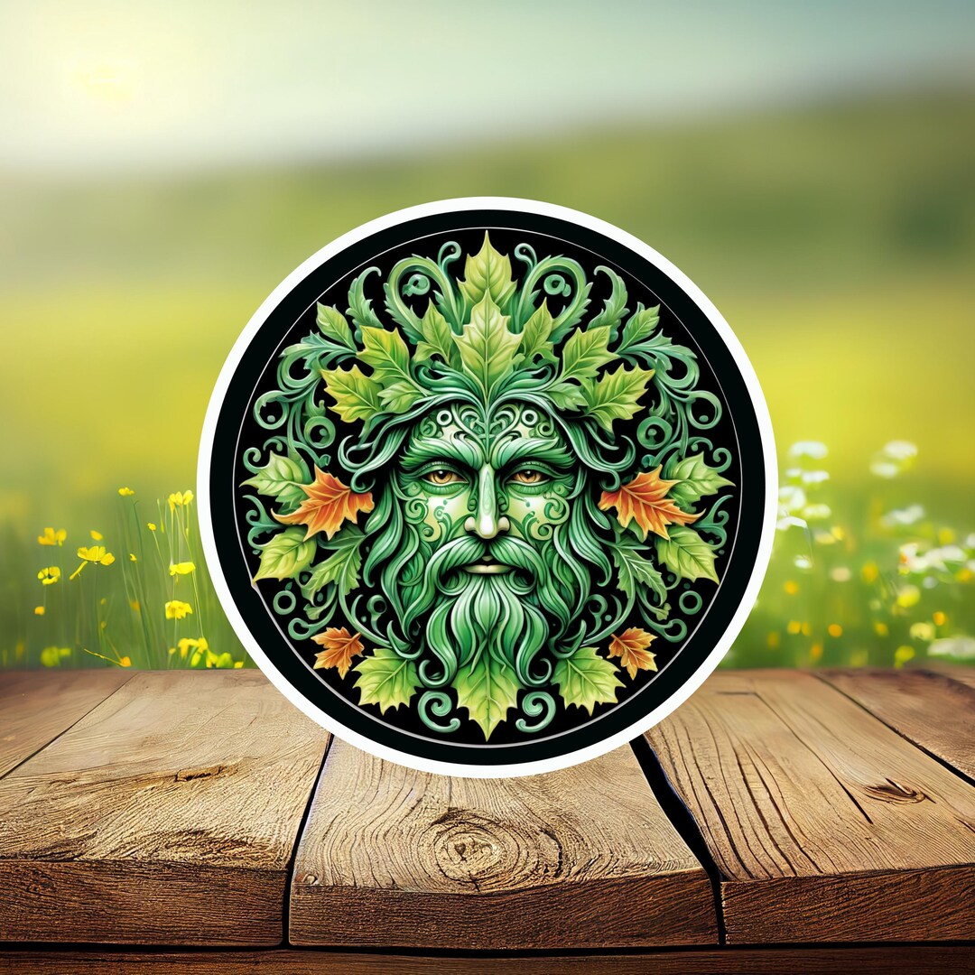 Green Man Sticker: Unique Round Nature Lover Decal, Bright Green & Gold ...