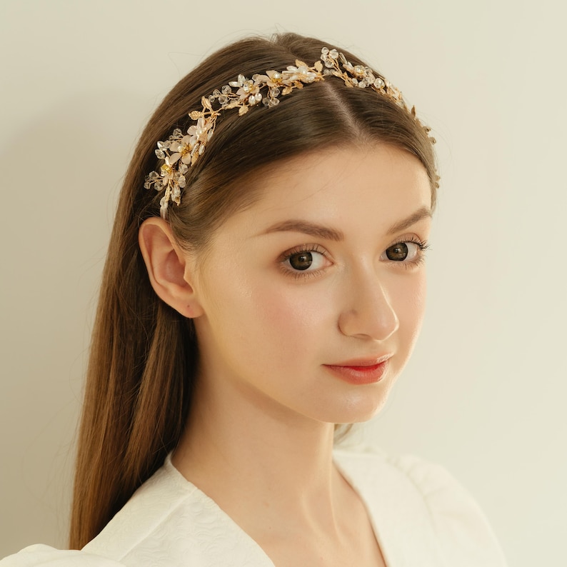 Rose Gold Wedding Flower Bridal Headband, Pearl Headpieces for Women ...