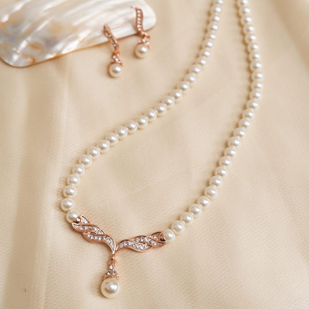 Elegant Pearl Necklace and Earrings Set – Dainty Bridal Jewelry for ...