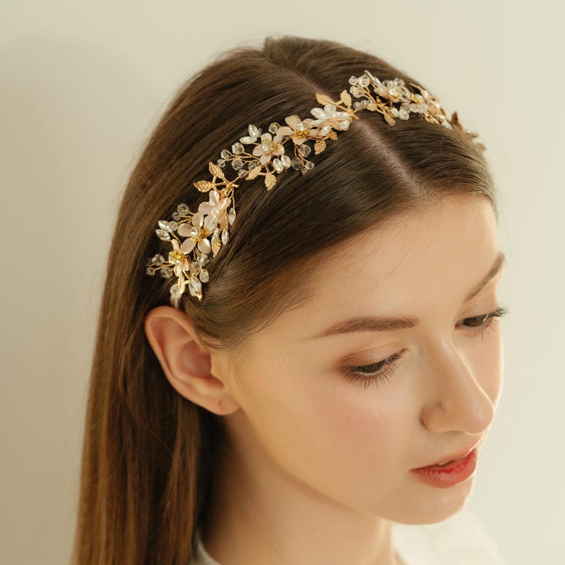 Rose Gold Wedding Flower Bridal Headband, Pearl Headpieces for Women ...