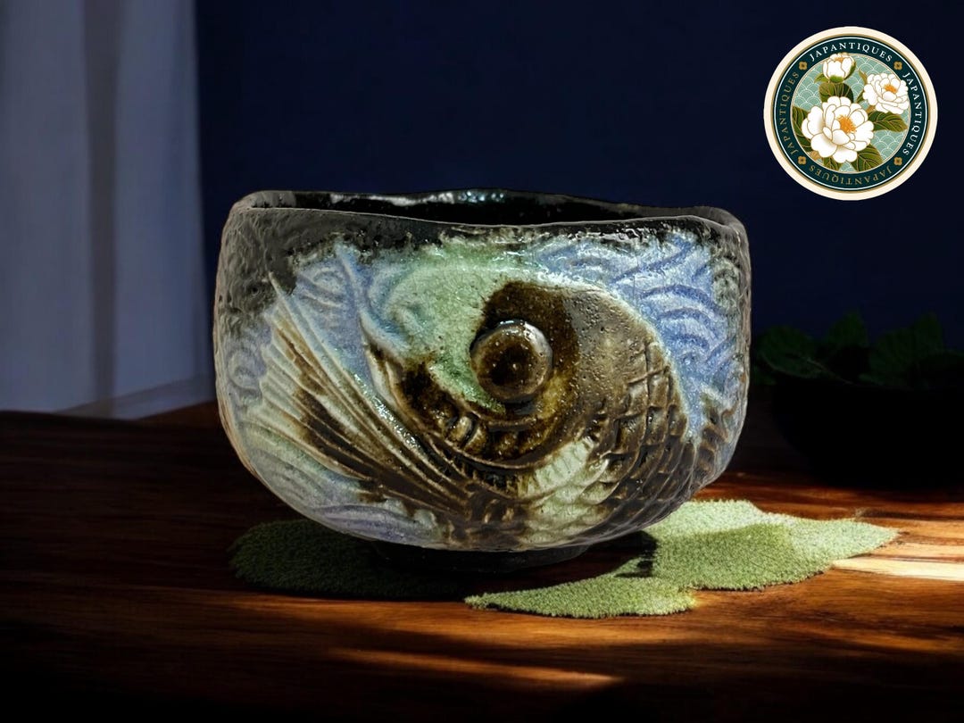 Rare Fish Black Raku Chawan - Japanese Matcha Bowl, Vintage Pottery ...
