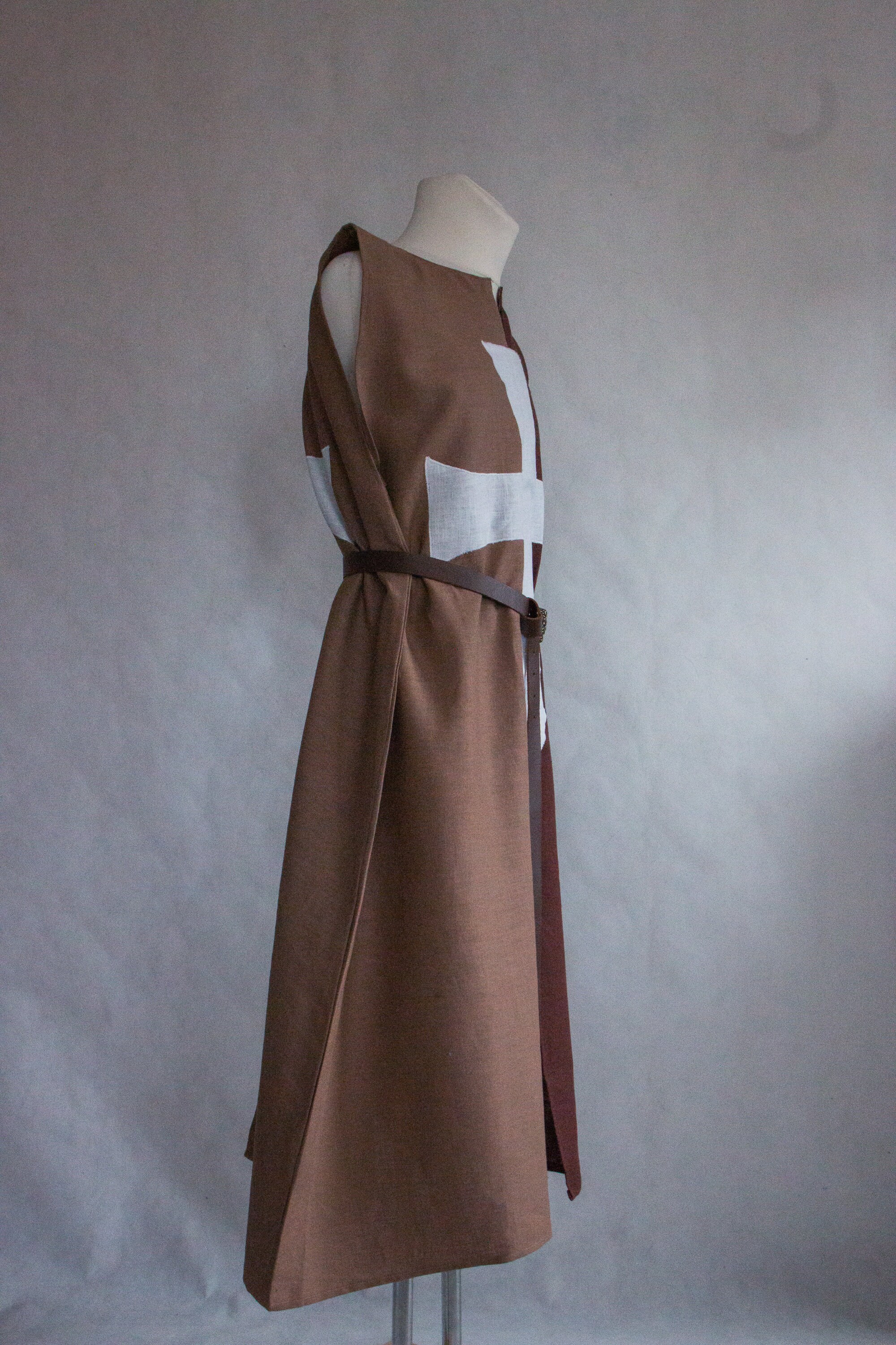 Medieval Fantasy Tabard in Brown Linen White Cross, Crusader Surcoat ...
