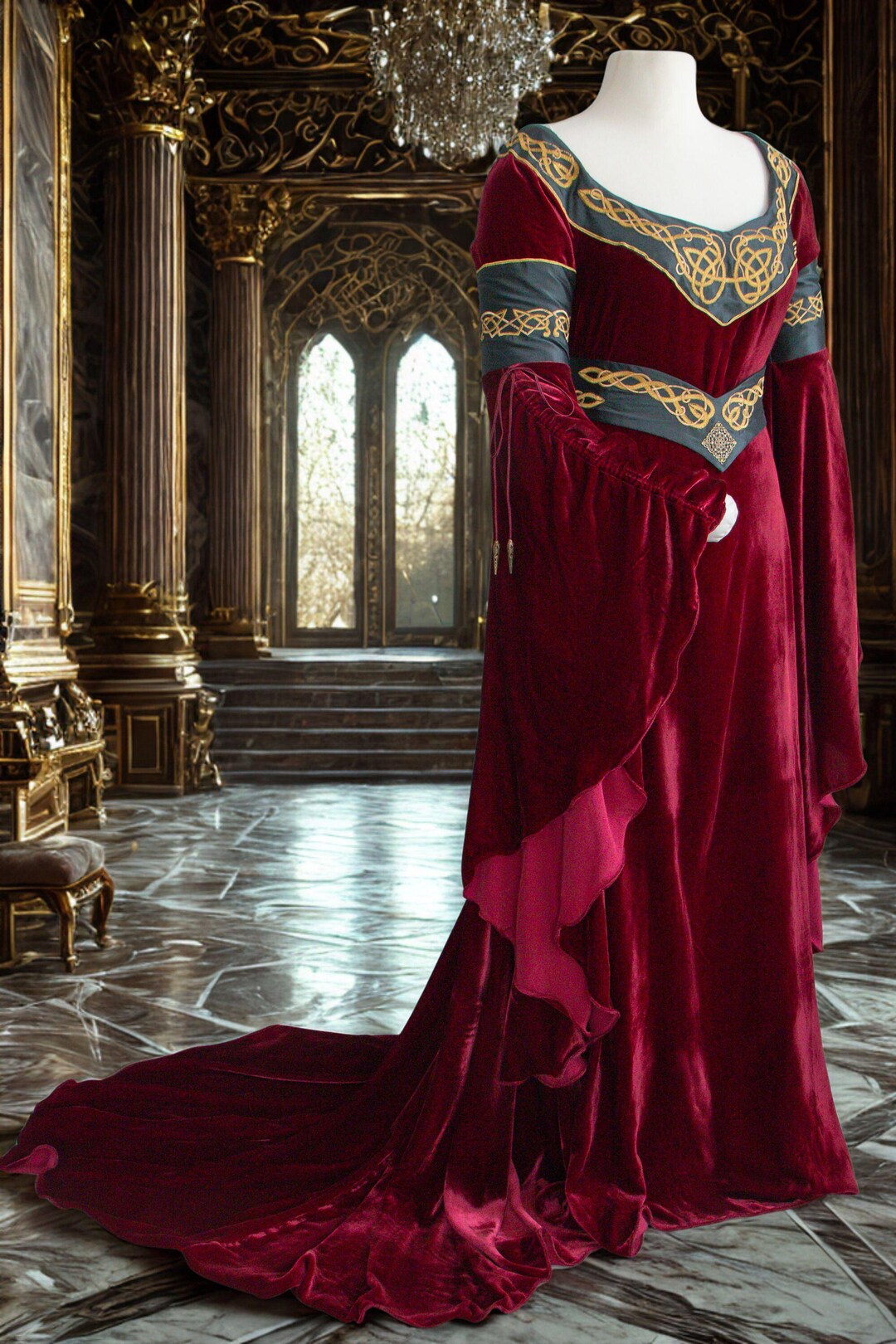 Red Silk Velvet Elven Queen Dress: Celtic Embroidery, Angel Sleeves ...
