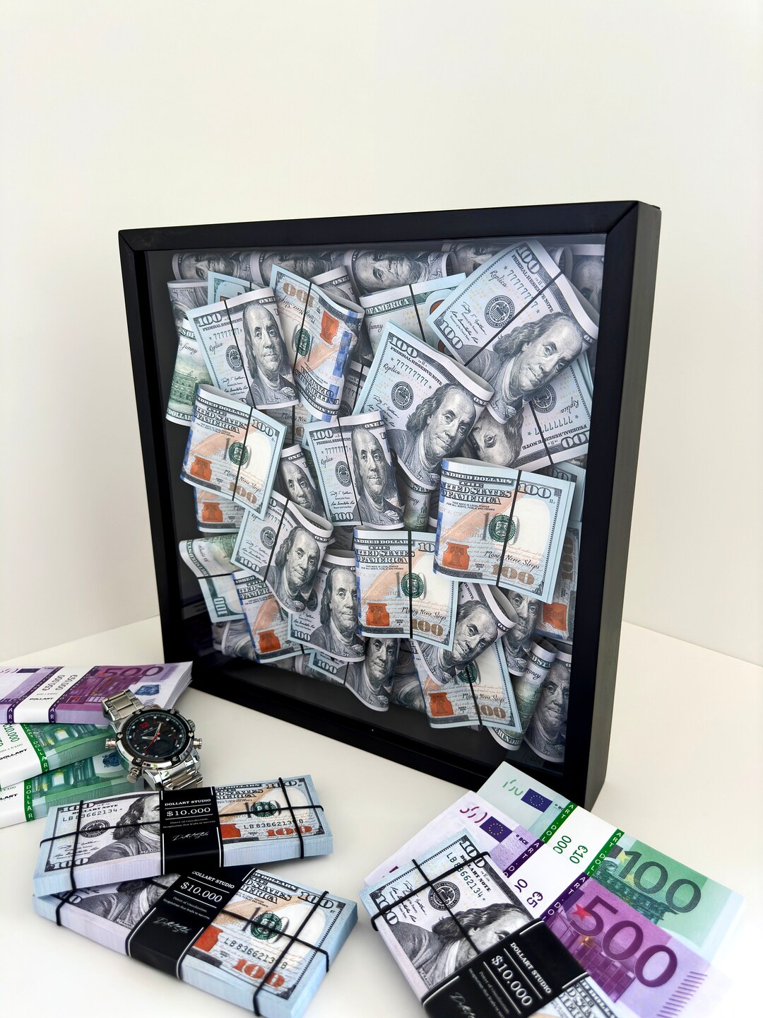 Money Art in Black Wooden Frame, Stylish Wall Decor & Lucky Talisman ...
