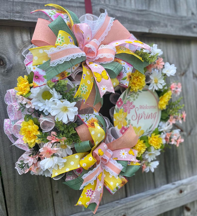 Welcome Spring Floral Wreath: Pink & Yellow Door Decor - Etsy