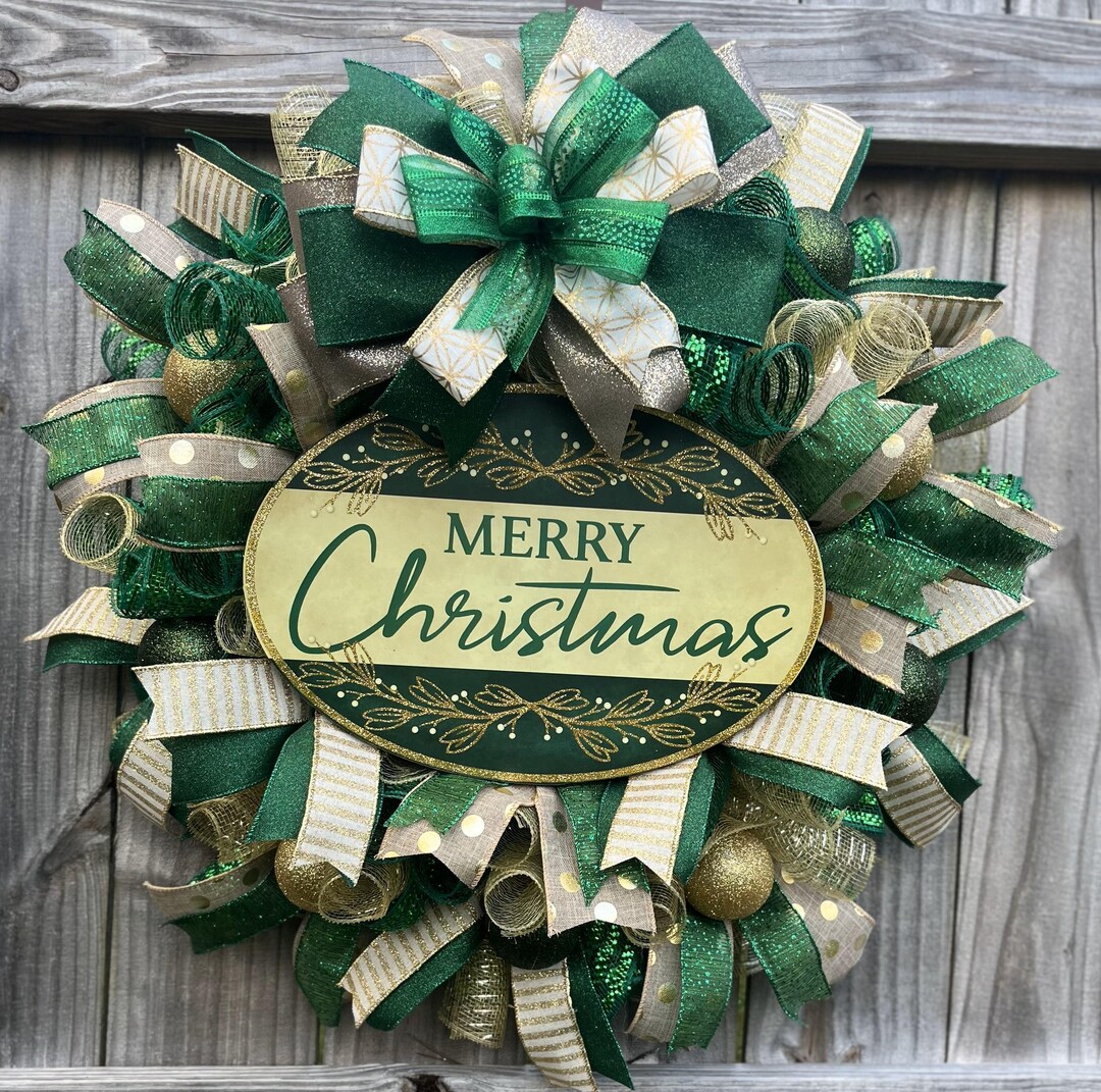 Merry Christmas Wreath, Elegant Green and Gold Holiday Door Decor - Etsy