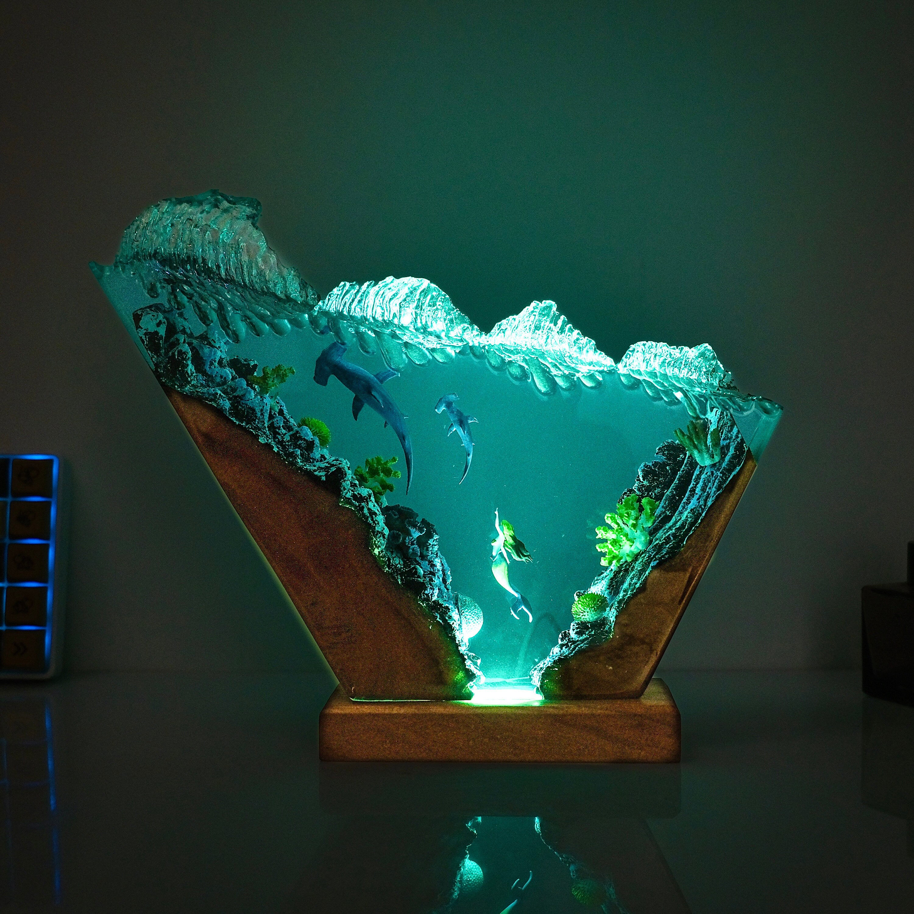 Hammerhead Sharks and Mermaid Resin Night Lamp, Resin Wood Lamp, Custom ...