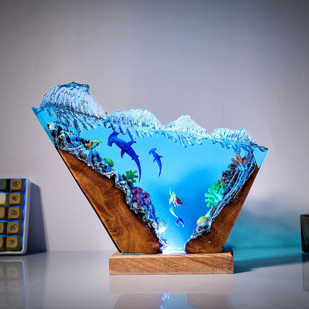 Hammerhead Sharks and Mermaid Resin Night Lamp, Resin Wood Lamp, Custom ...
