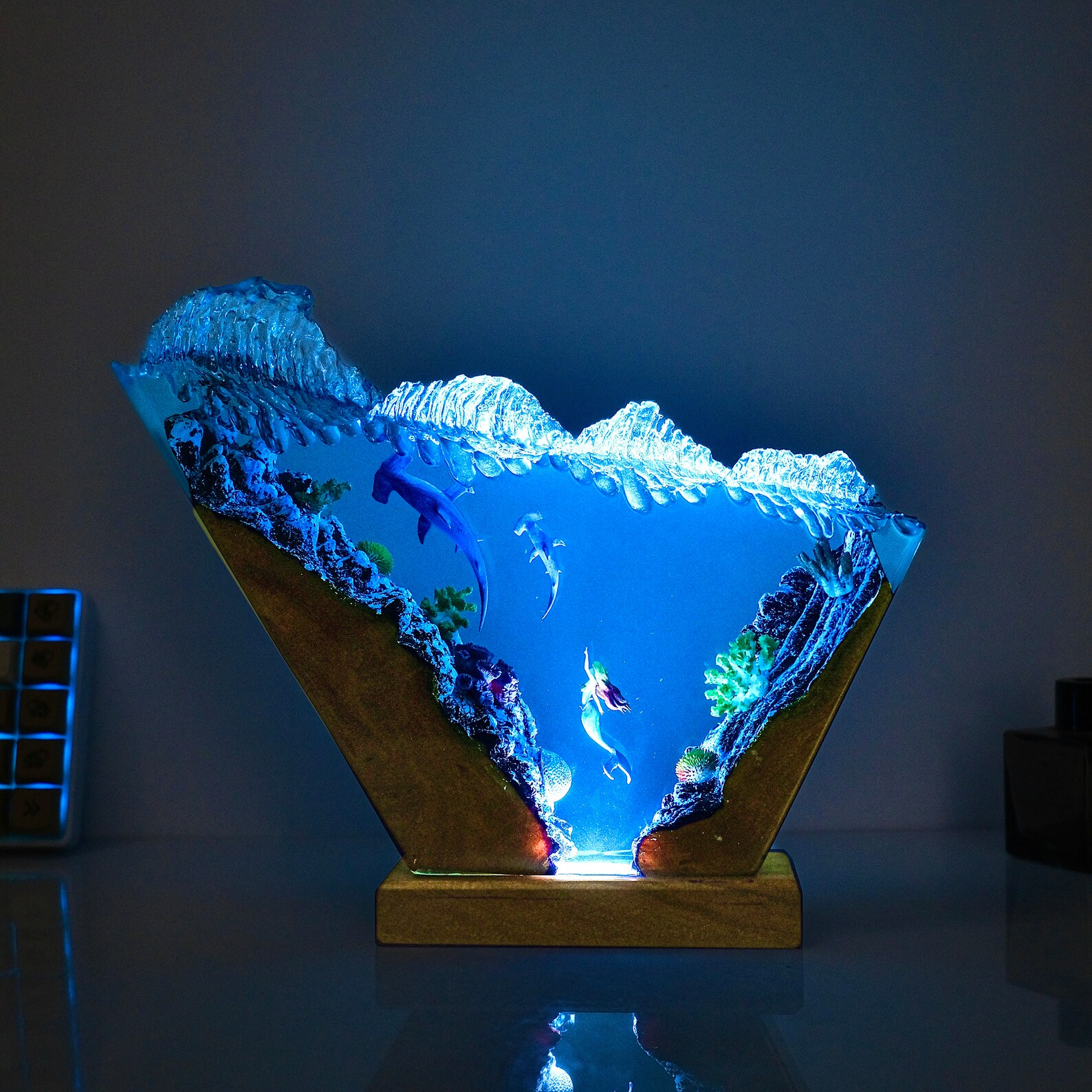 Hammerhead Sharks and Mermaid Resin Night Lamp, Resin Wood Lamp, Custom ...