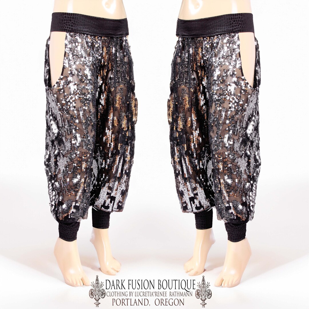 Pantaloons, YOUR SIZE, See-thru, Hip Cut-outs, Silver Sequins on Black ...