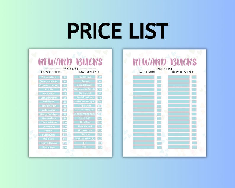 Kids Reward Chart, Reward Bucks, Reward Price List - Etsy