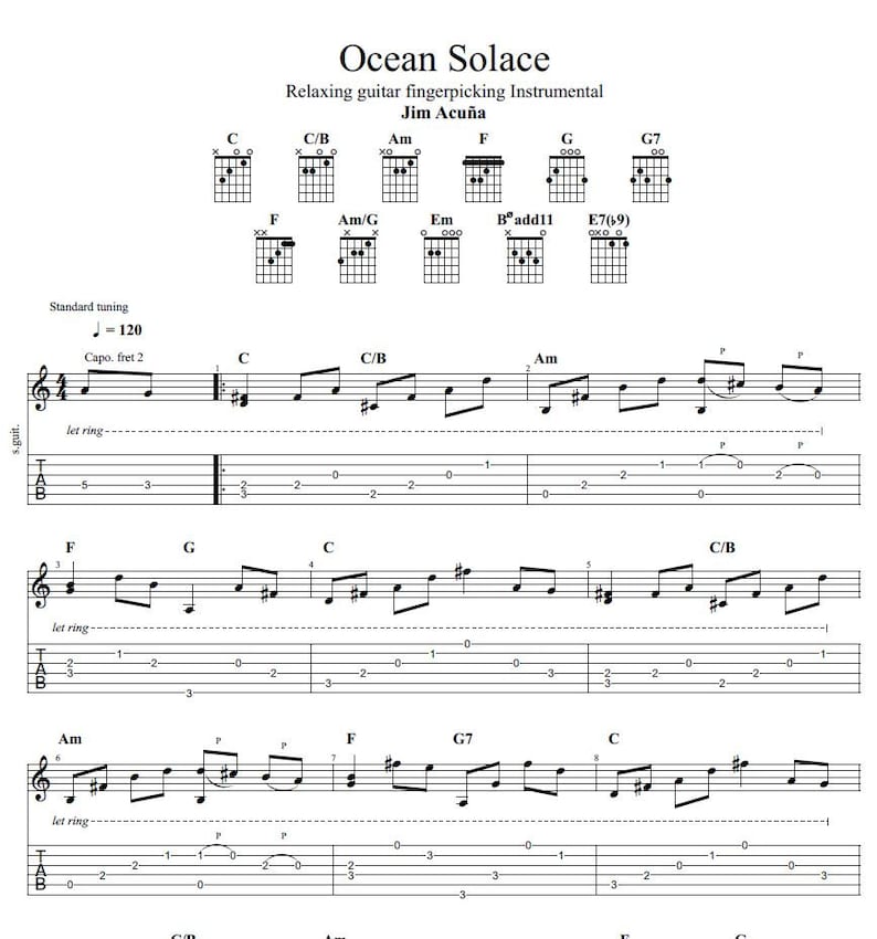 Ocean Solace - Printable Guitar Fingerpicking Sheet Music - Etsy