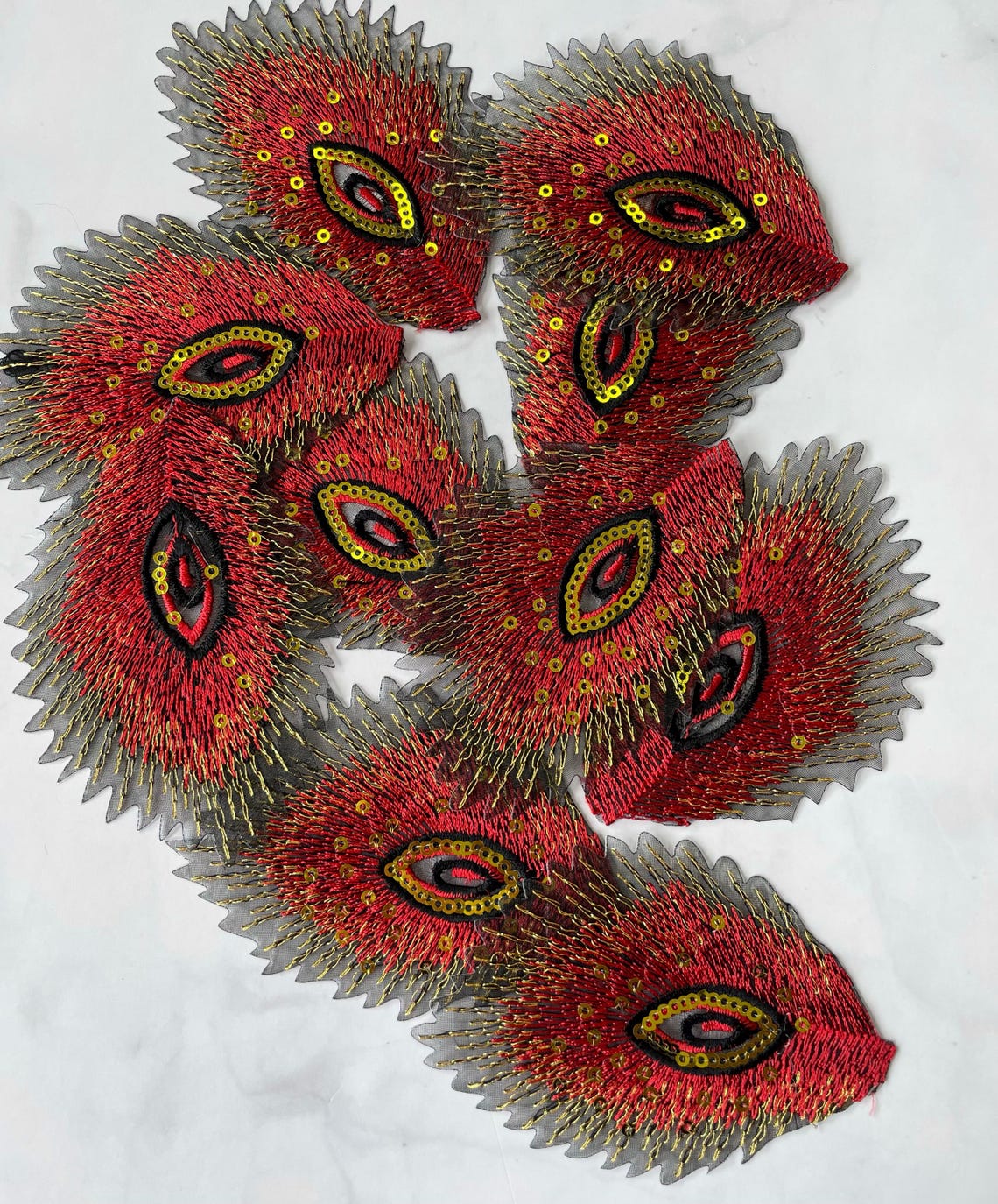 Red Gold Sequin Peacock Feather Patch 5 Pcs, Embroidered Applique, DIY ...