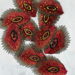 Red Gold Sequin Peacock Feather Patch 5 Pcs, Embroidered Applique, DIY ...