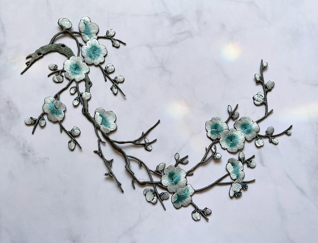 Embroidered Plum Flower Patch 1pc, Blue Gray Iron-on Applique 14", DIY ...