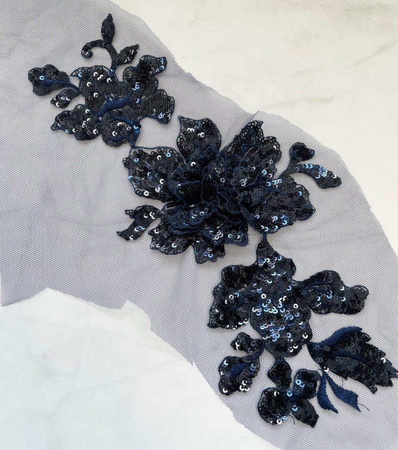 3D Sequined Flower Patch: Dark Blue Sew-on Applique (12x6 In) - Etsy