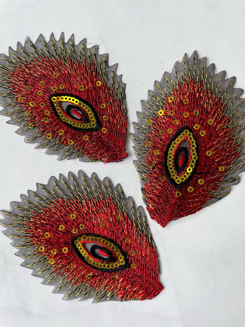 Red Gold Sequin Peacock Feather Patch 5 Pcs, Embroidered Applique, DIY ...