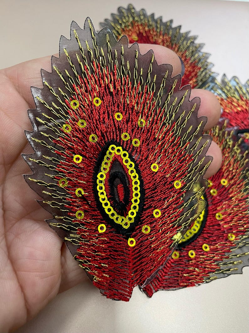Red Gold Sequin Peacock Feather Patch 5 Pcs, Embroidered Applique, DIY ...