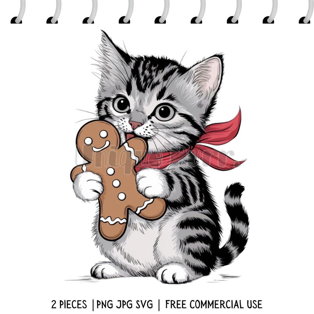 Christmas Cat Eating Gingerbread 2 Pieces Bundle Clipart, Xmas Tabby ...