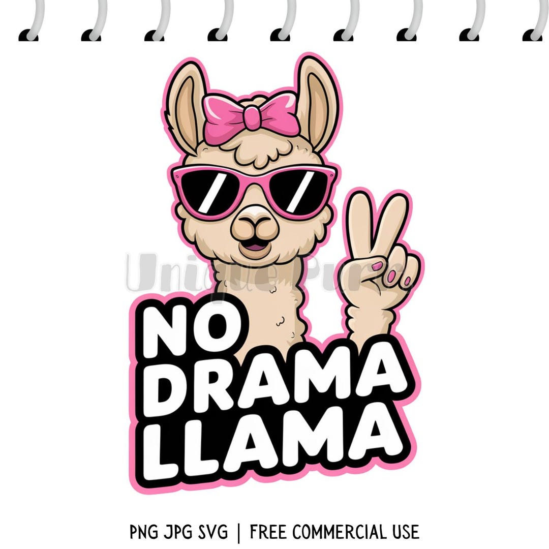 No Drama Llama PNG SVG JPG, Cute Funny Alpaca With Peace Sign Clipart ...