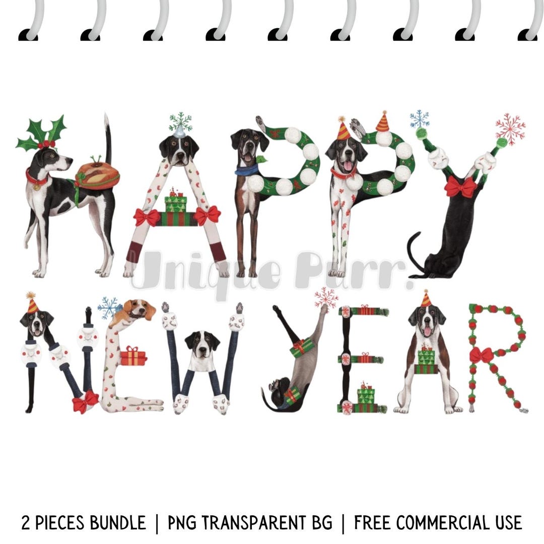 Happy New Year Dogs Typographic PNG JPG SVG, Cute New Year Card ...