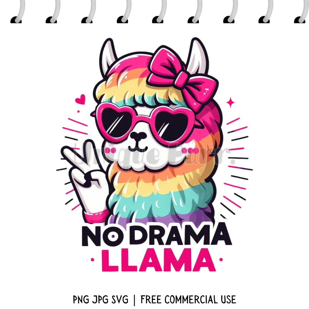 No Drama Llama Clipart: Rainbow Alpaca With Peace Sign (PNG SVG JPG ...