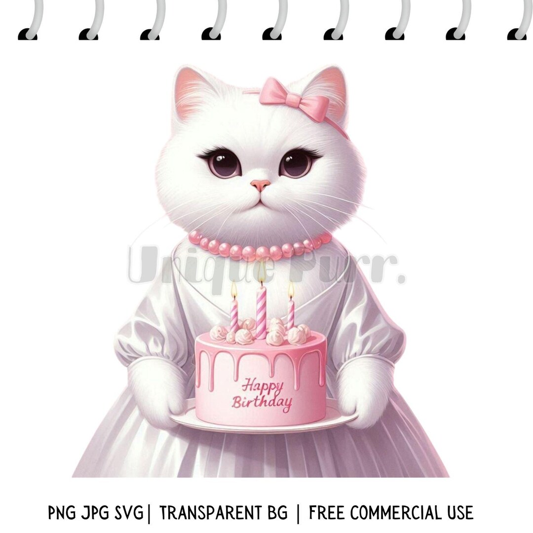 Elegant White Cat Birthday PNG SVG JPG, Printable Happy Birthday Card ...