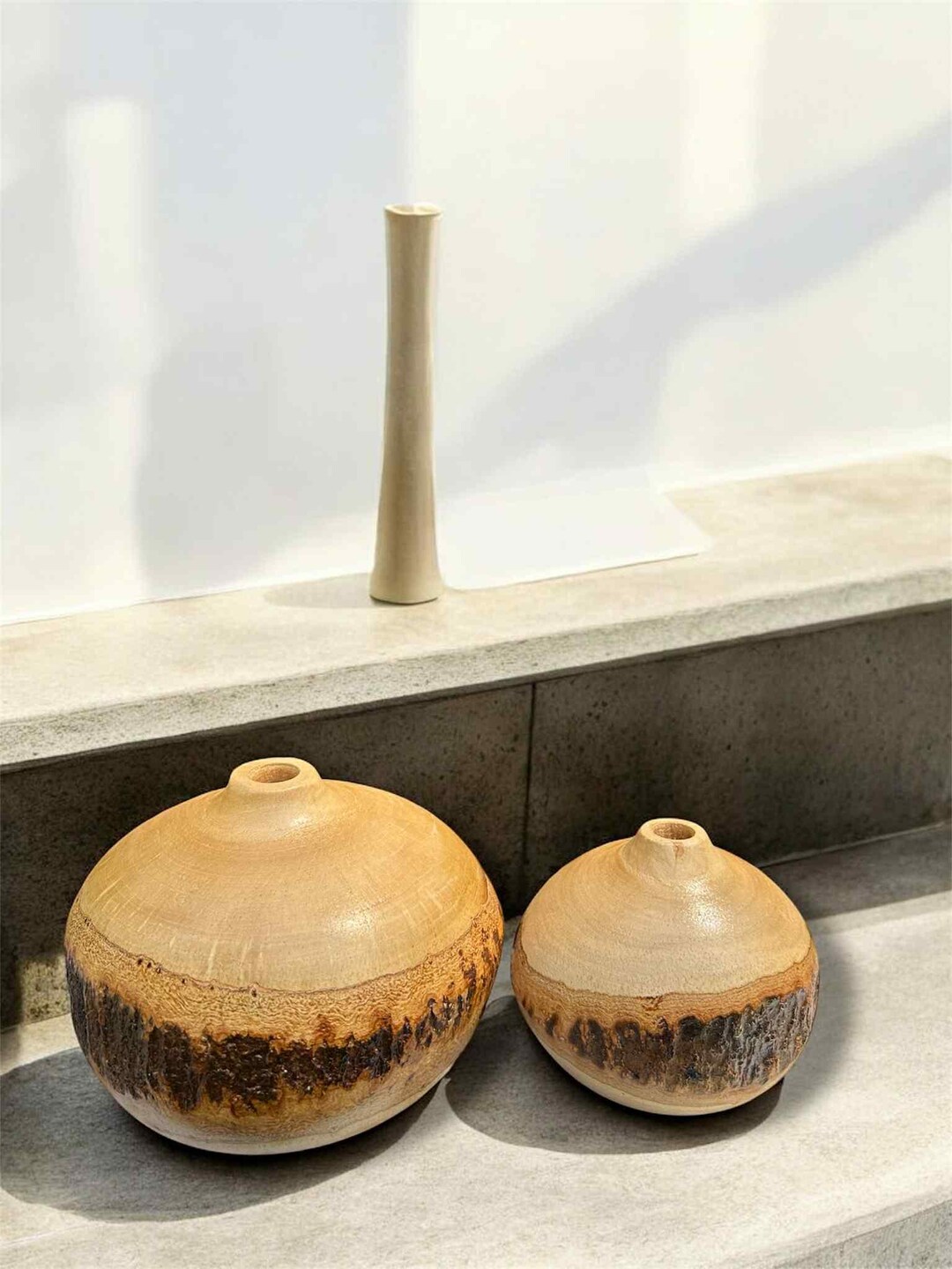 Set of 2 Mango Wood Vase With Bark Rim, Wooden Vases, Dried Flowers ...