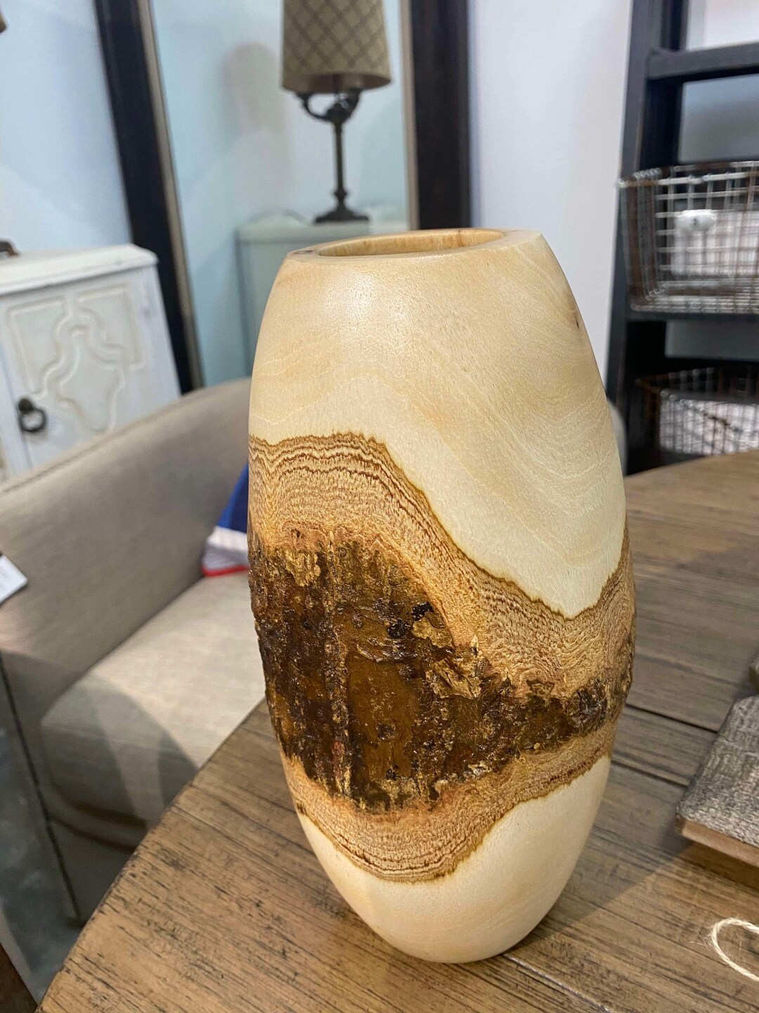 Hand Carved Mango Wood Vase, Bark Rim, Rustic Home Decor - Etsy