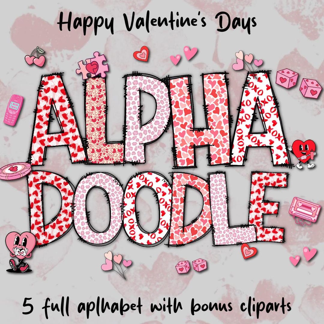 Valentine Alpha Doodle Set Png Bundle, Valentine Brushstroke ABC ...