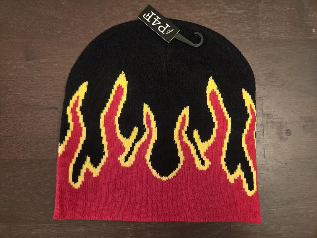 Flame Design Beanie Cap (red Flame With Yellow Outline on a Black ...