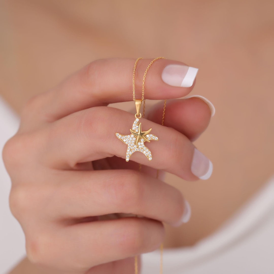 14K Solid Gold Starfish Necklace, Sea Star Necklace, Dainty Gold ...