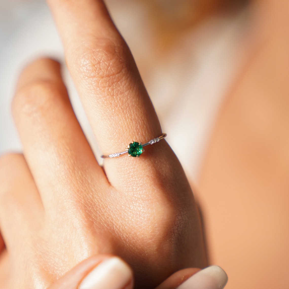 Round Emerald & Diamond Ring in 14K Solid Gold, Emerald Birthstone Ring ...