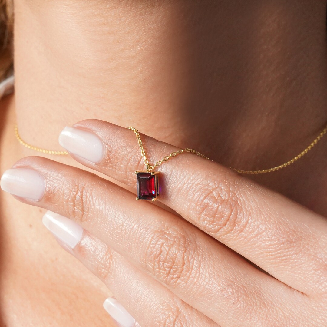 Rectangle Ruby Necklace in 14K Solid Gold, Ruby Birthstone Necklace ...