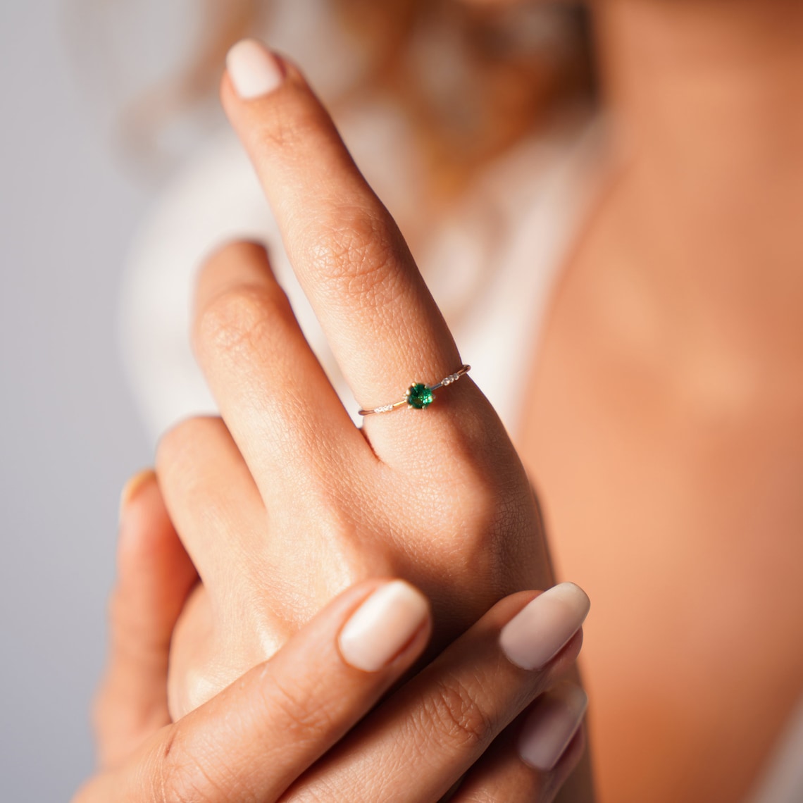 Round Emerald & Diamond Ring in 14K Solid Gold, Emerald Birthstone Ring ...