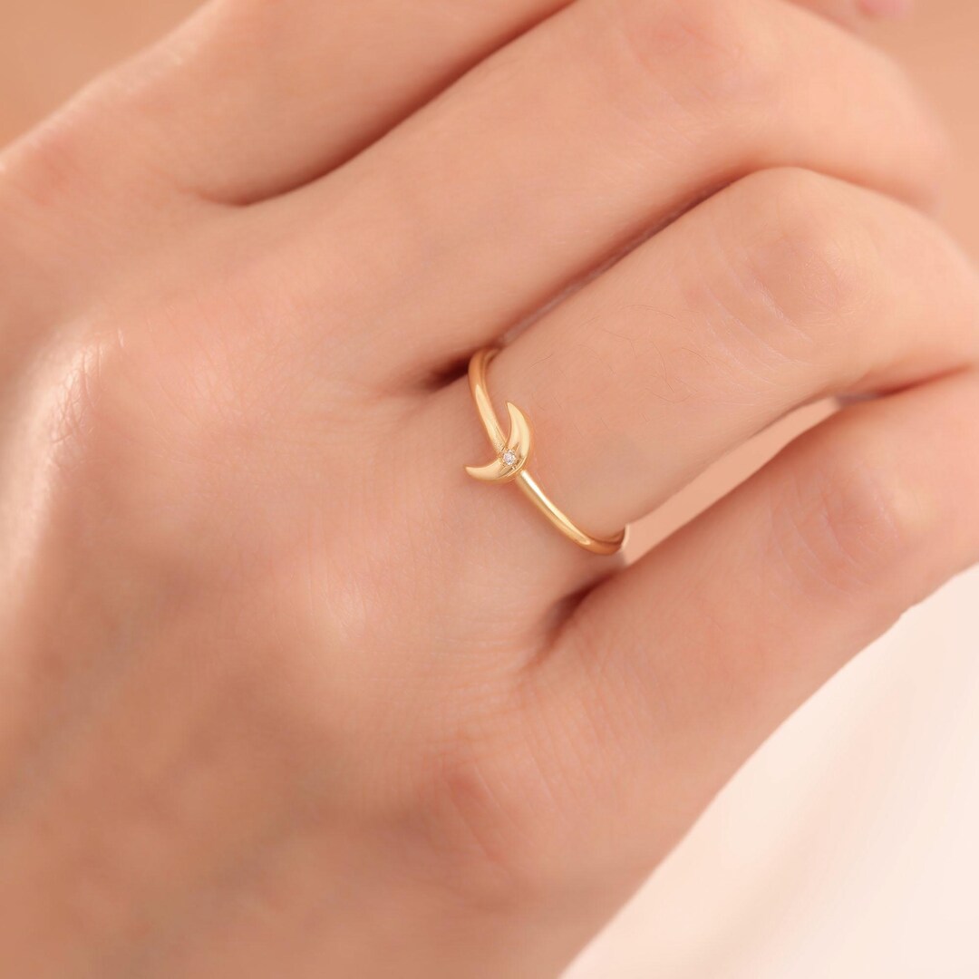 Gold Moon Ring, 14K Solid Gold Crescent Ring, Dainty Celestial Jewelry ...