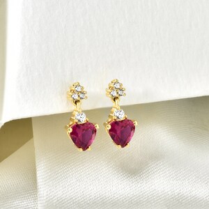 Heart Ruby Stud Earrings With Diamonds in 14K Solid Gold, July Ruby ...