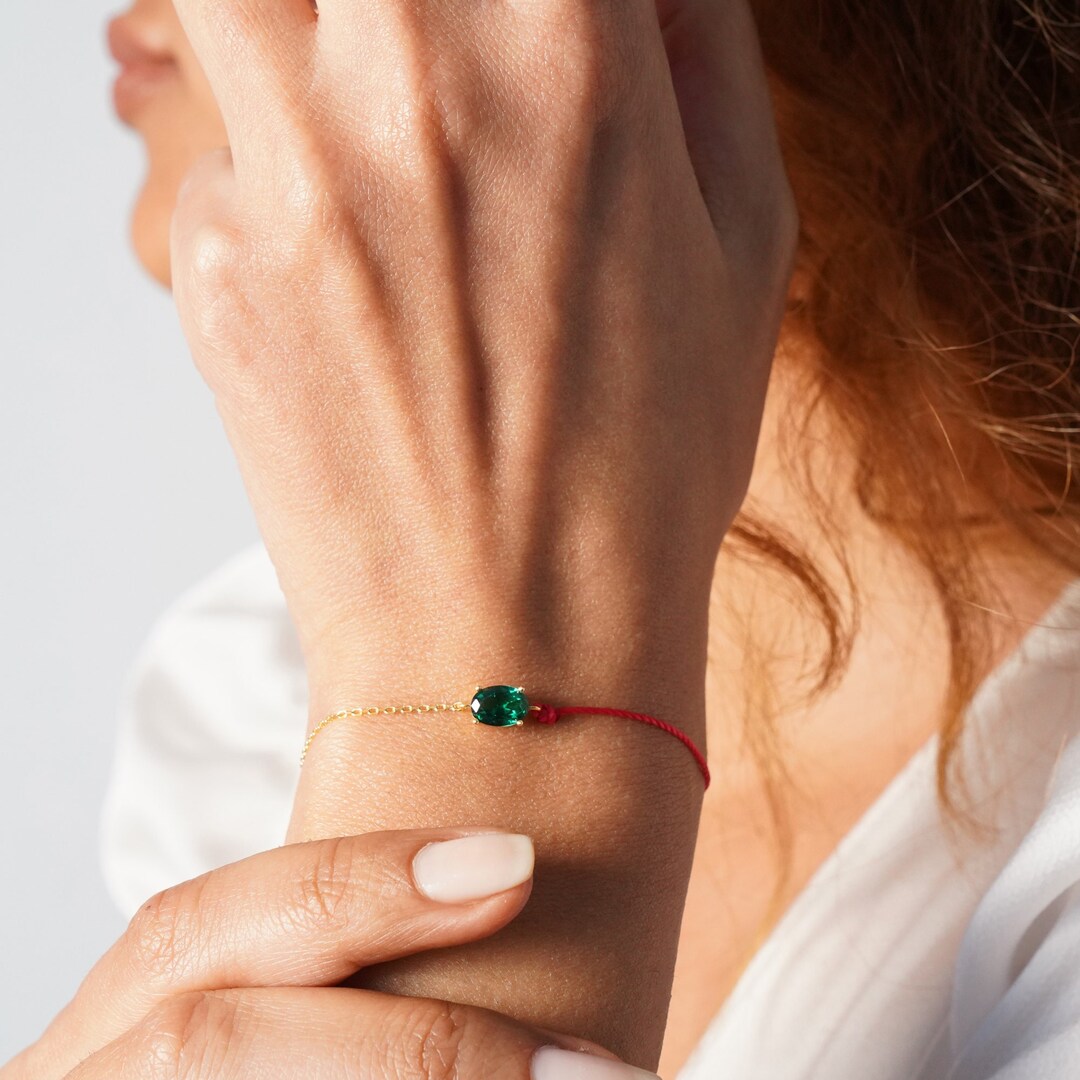 Gold String Bracelet With Oval Emerald, 14K Gold Rope Bracelet, Emerald ...