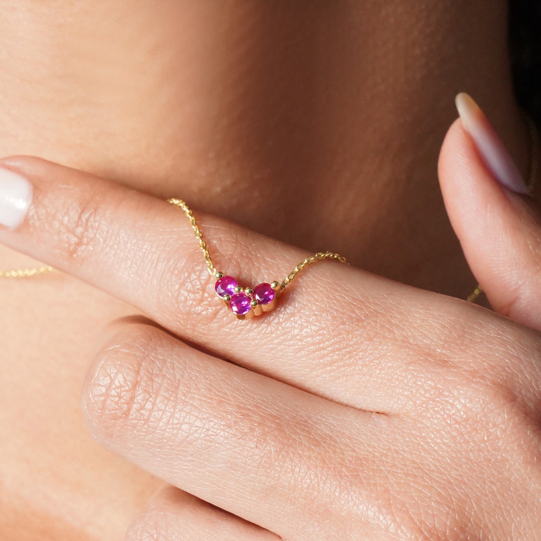 Three Ruby Necklace With Diamonds in 14K Solid Gold, Dainty Ruby ...