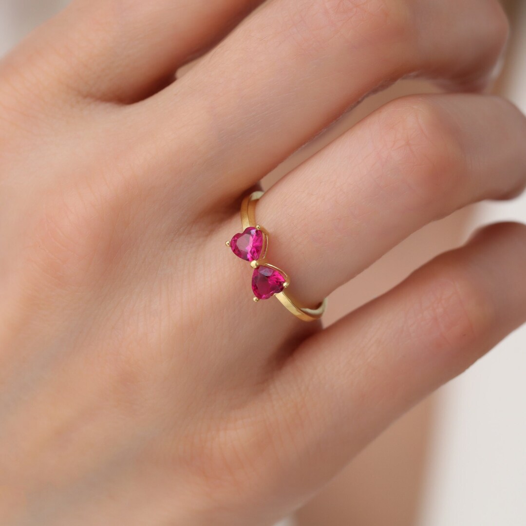 Double Heart Ruby Ring in 14K Solid Gold, Ruby Gemstone Ring, Red Heart Ruby Ring, Ruby ...
