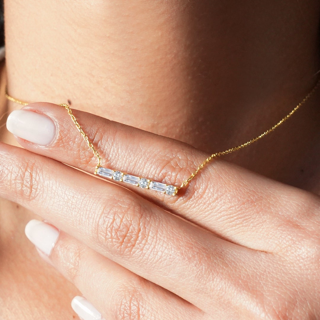 Horizontal Baguette Diamond Necklace in 14K Solid Gold, Diamond Bar ...