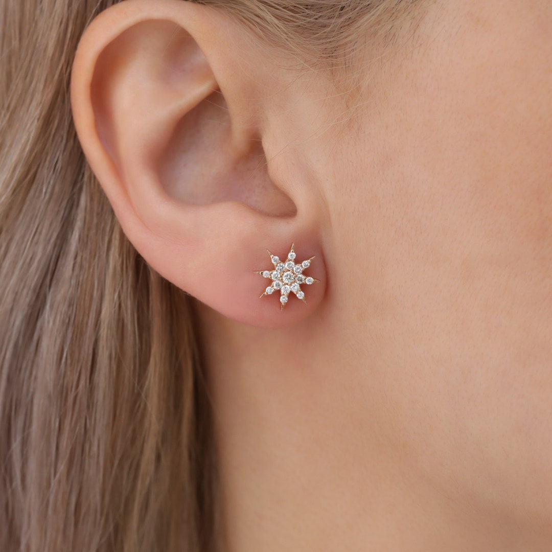 Star Diamond Stud Earrings in 14K Solid Gold, Solitaire Stud Earrings, Small Diamond Earrings ...