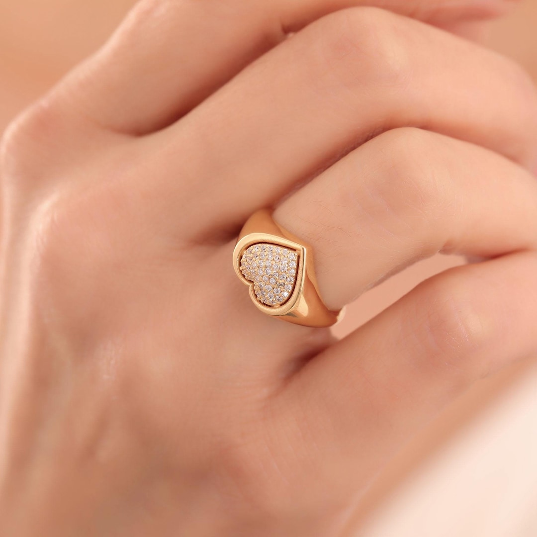 Chunky Heart Signet Ring in Pave Setting in 14K Solid Gold, Big Heart ...