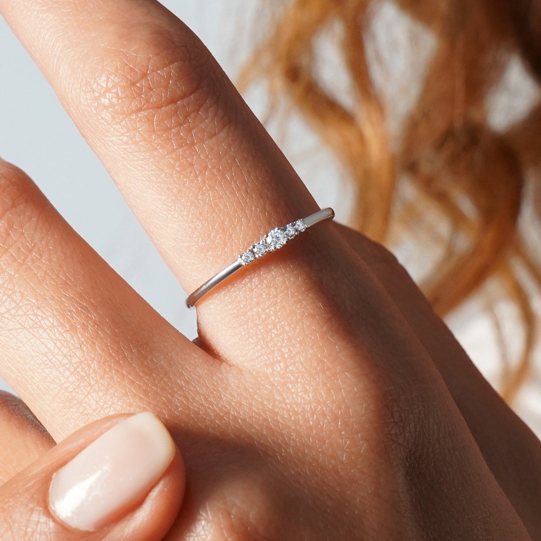 Thin Engagement Ring With Diamonds in 14K Solid Gold, Small Engagement ...