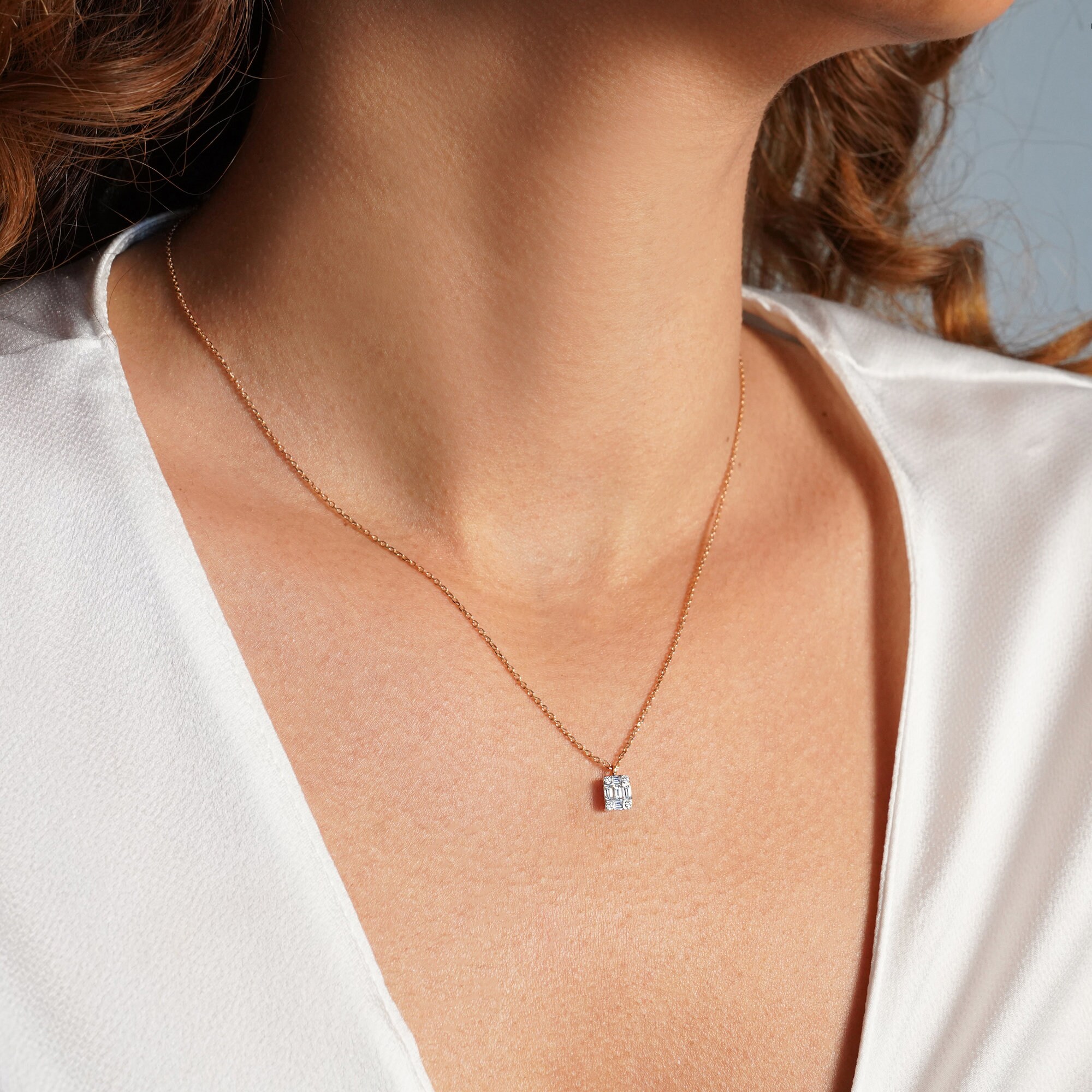 Baguette Diamond Necklace 14K Solid Gold, Cluster Diamond Necklace ...