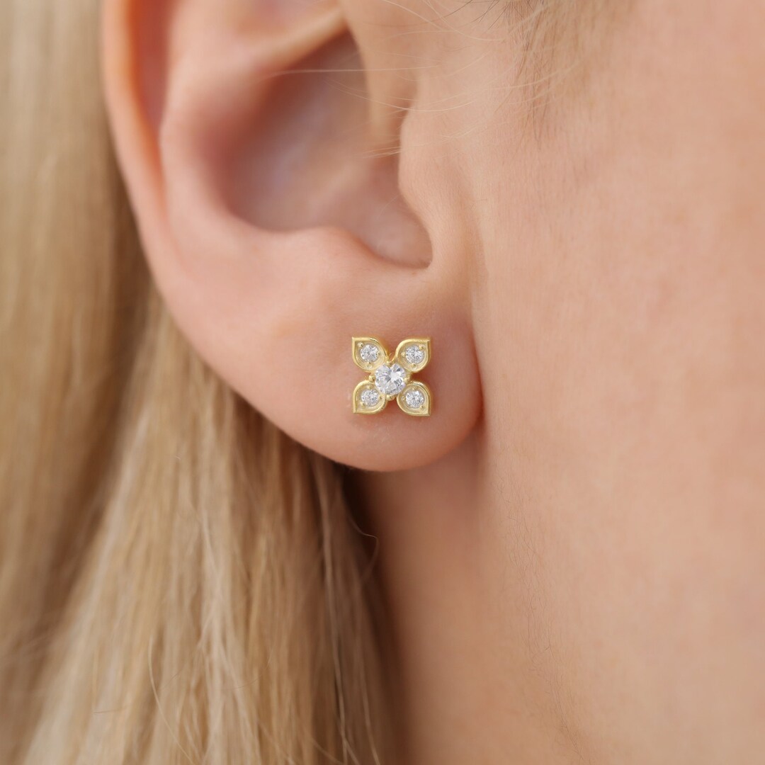 Diamond Clover Stud Earrings in 14K Solid Gold, Flower Stud Earrings ...